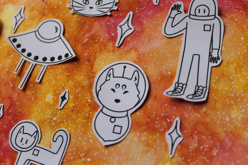 Space Sticker Pack, 18 Stickers, Handmade, Illustration, Drawing, Art ...
