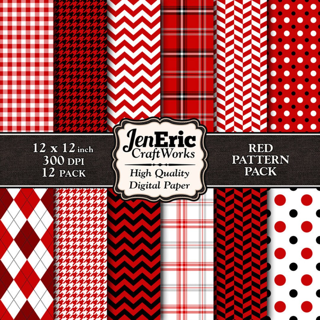 Red Digital Pattern Pack, Printable Red Digital Patterns, Red White ...