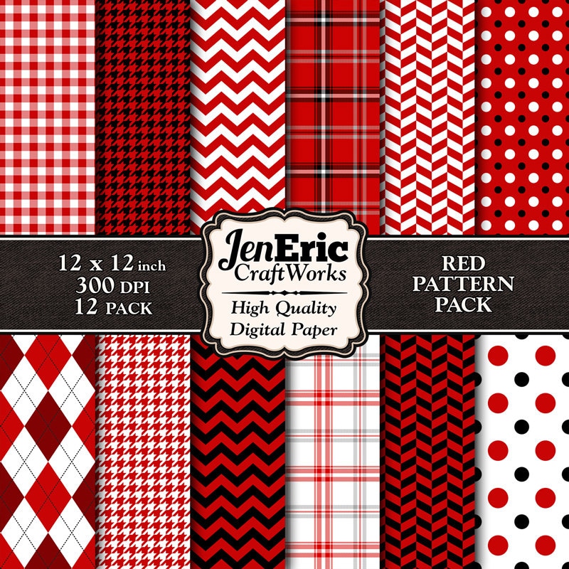 Red Digital Pattern Pack, Printable Red Digital Patterns, Red White ...