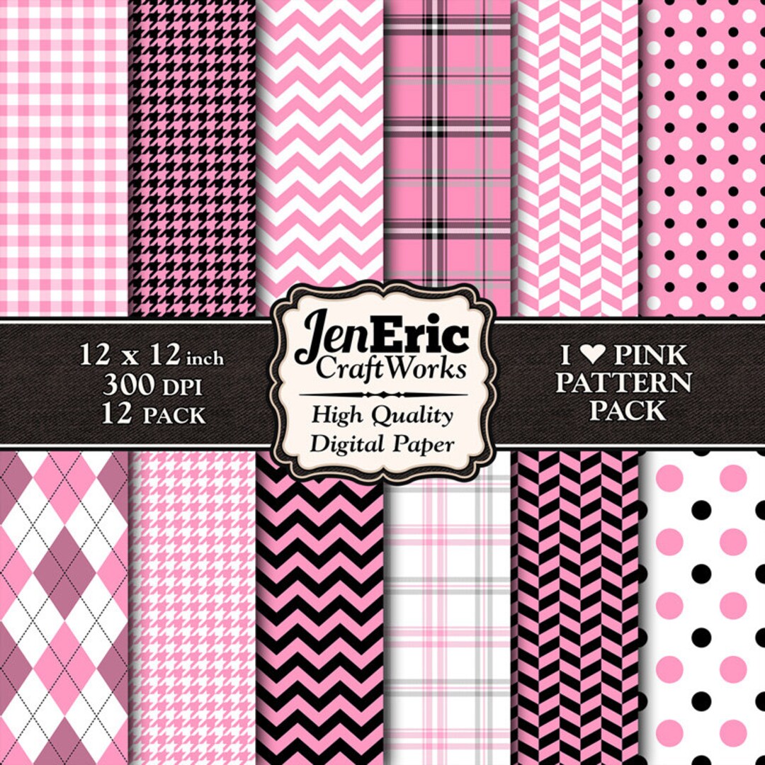 Pink Digital Paper, Pink and Black Digital Printable Patterns, Pink and ...