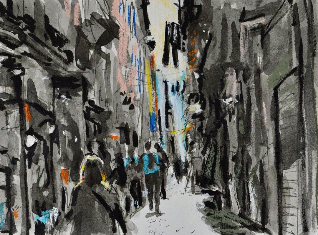 Original Drawing, Naples, Italy, Street Scene, Pen and Ink, by Robert ...