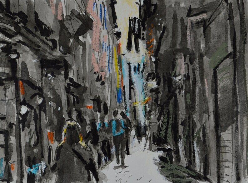 Original Drawing, Naples, Italy, Street Scene, Pen and Ink, by Robert ...