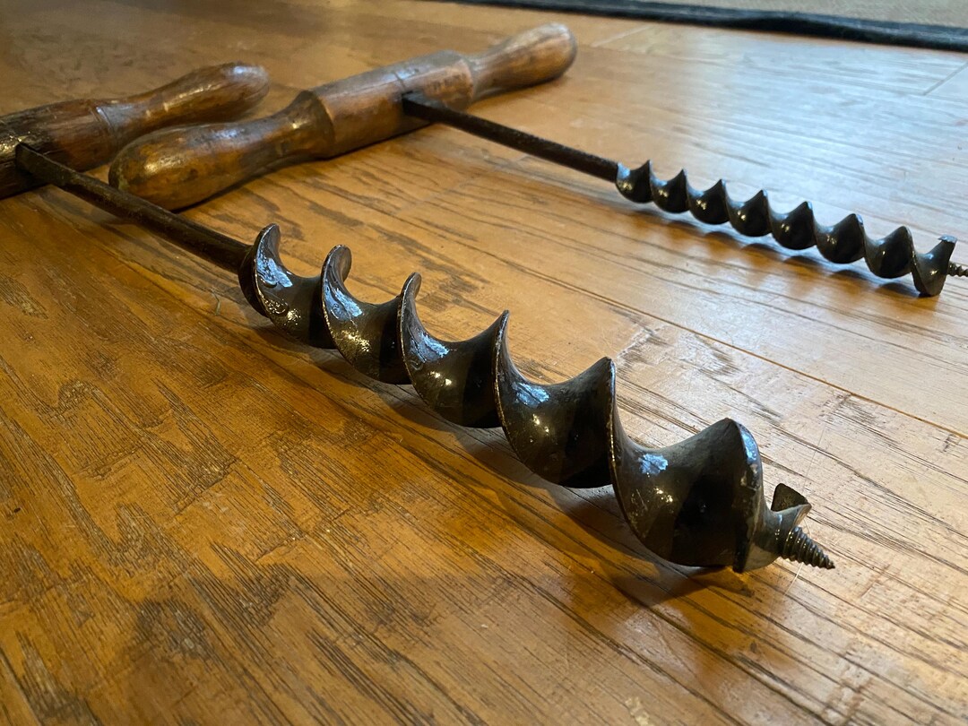 2 Large Antique Wood & Cast Iron T Handle Augers Hand Drills Barn ...