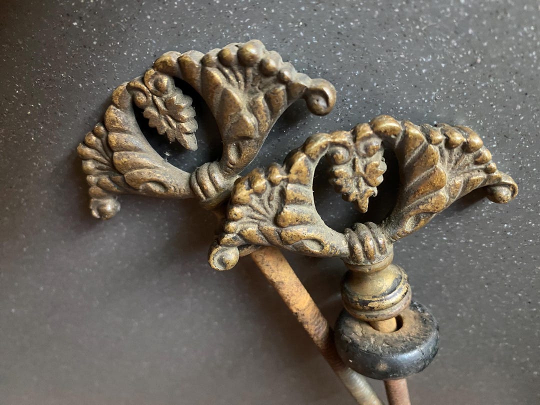 2 Antique Ornate Brass Curtain Drapery Tie Backs Hooks Long Screw End ...