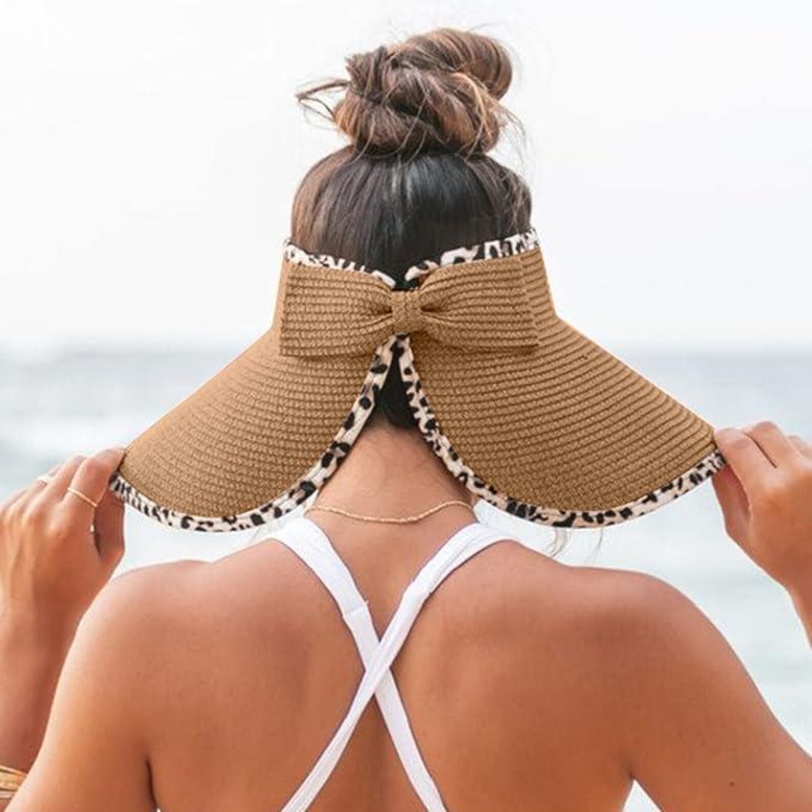 Women's Monogram Leopard Floppy Straw Wide Brimmed Sun Hat Visor Rill ...