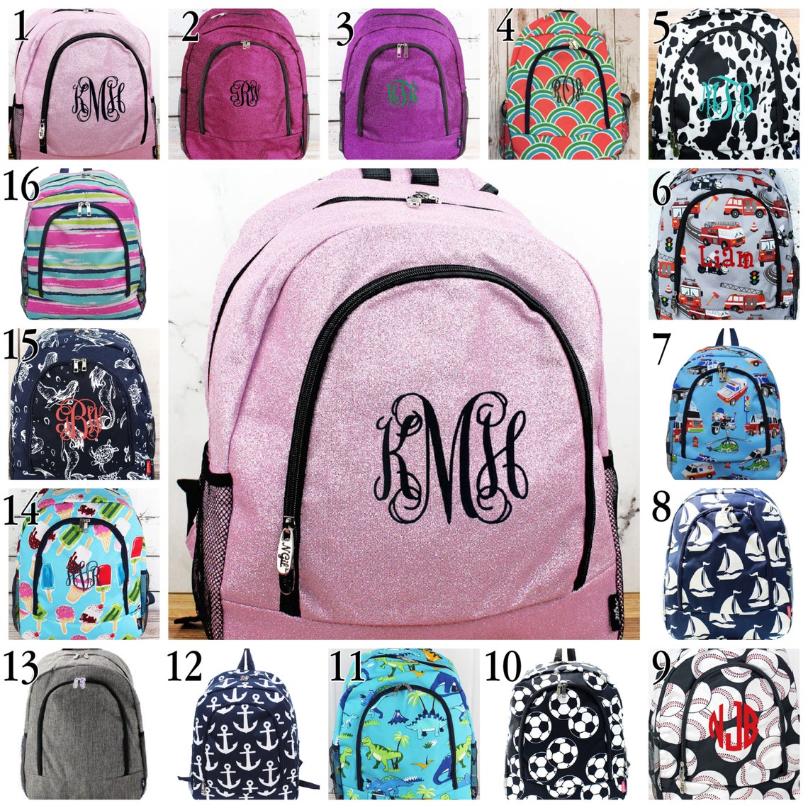Embroidered Monogram Backpack Large Book Bag Back to School Blue Teal ...