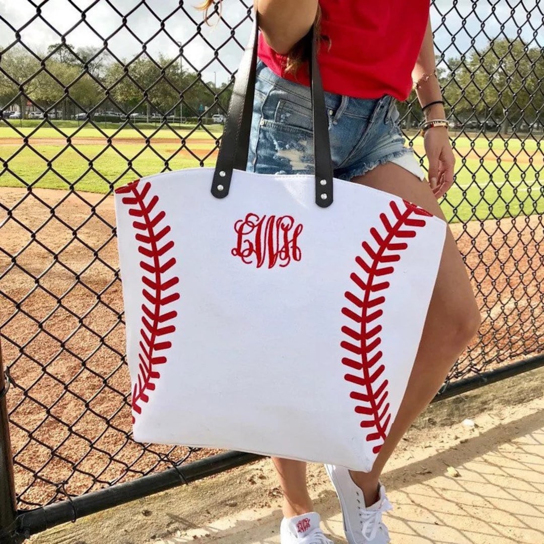 Baseball Mom Monogram Canvas Tote Shoulder Bag Personalize Game Time ...