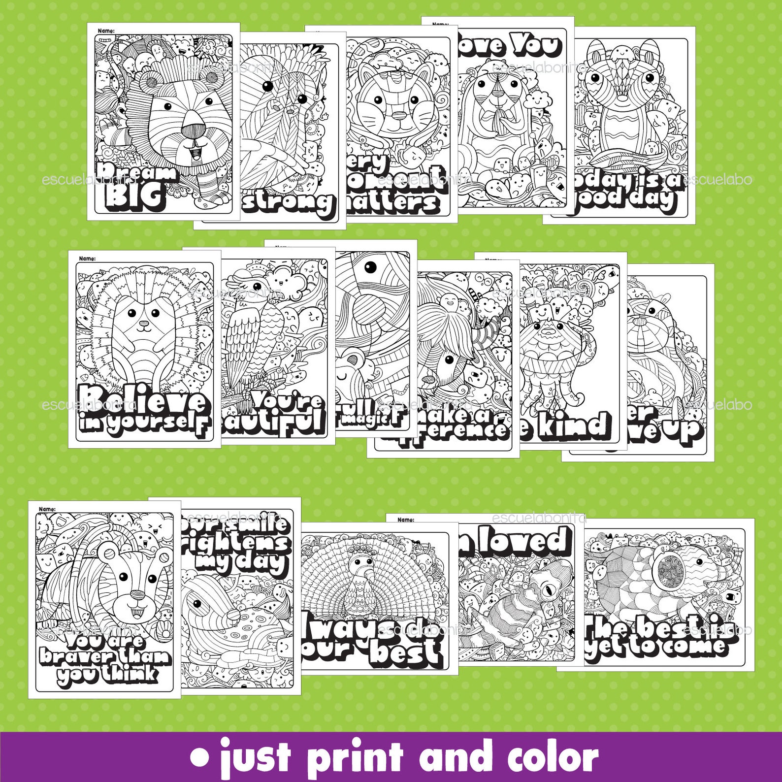 Doodle Coloring Pages Cute Animals With Positive Affirmations - Etsy