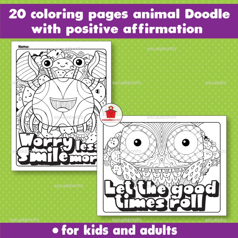 Doodle Coloring Pages Cute Animals With Positive Affirmations - Etsy