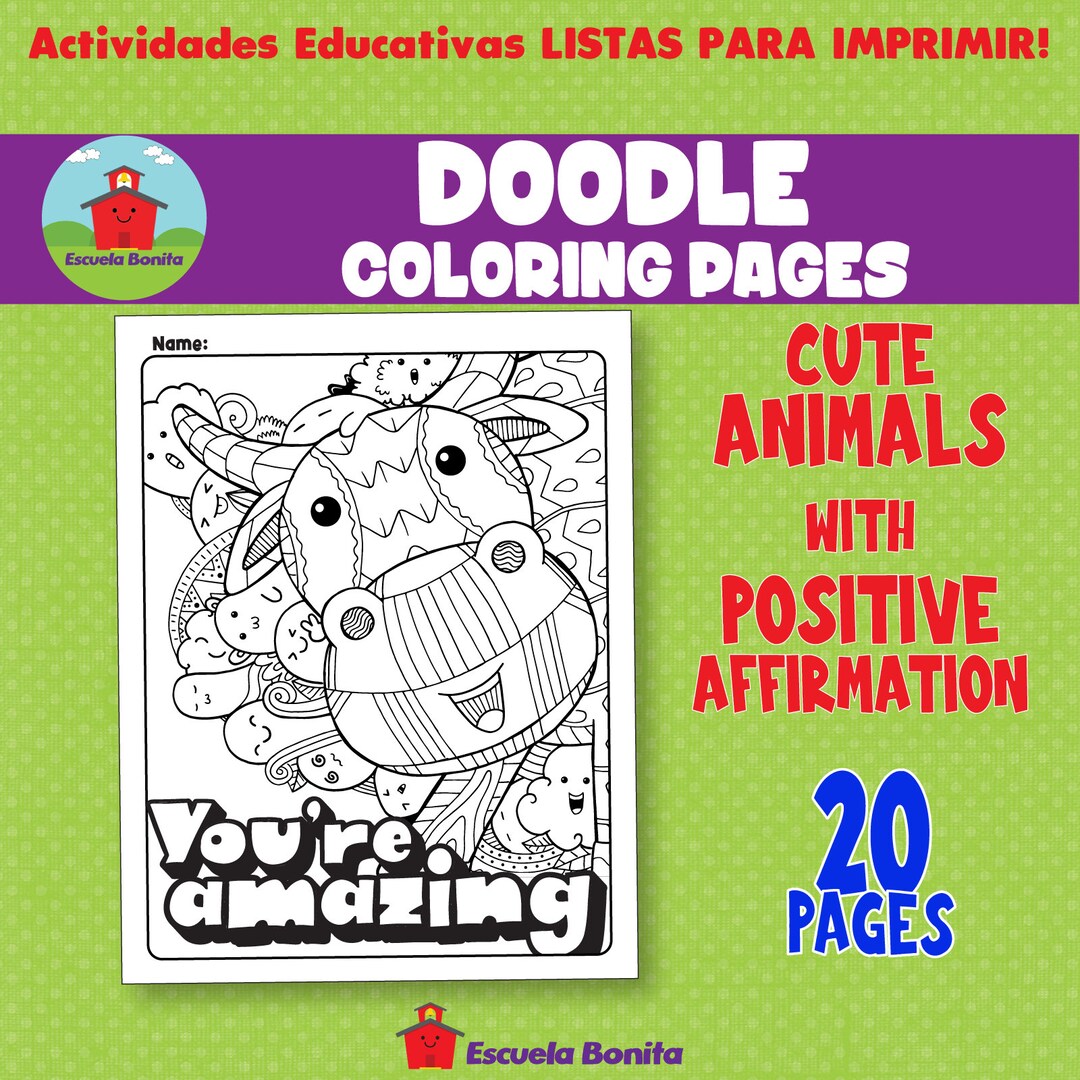 Doodle Coloring Pages Cute Animals With Positive Affirmations - Etsy