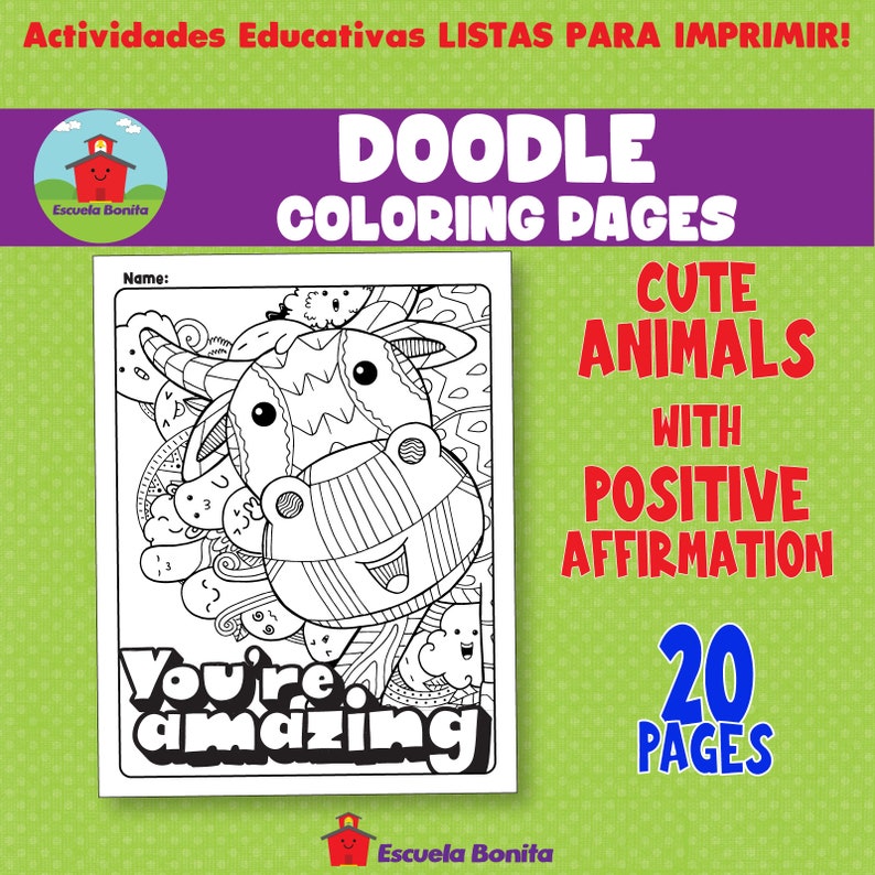Doodle Coloring Pages Cute Animals With Positive Affirmations - Etsy