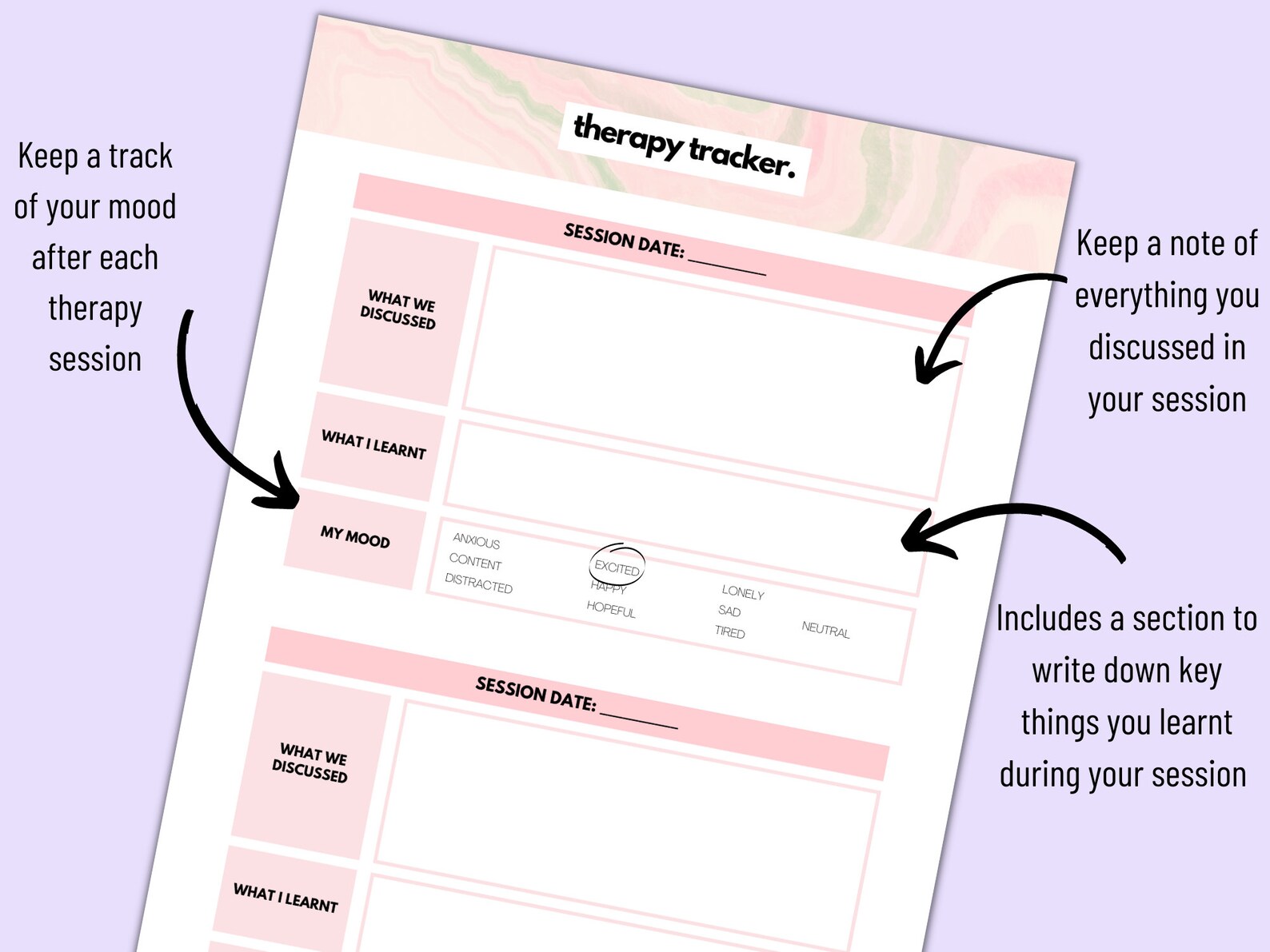Therapy Tracker Printable in 3 Colours | PDF Download | 3 Sizes ...