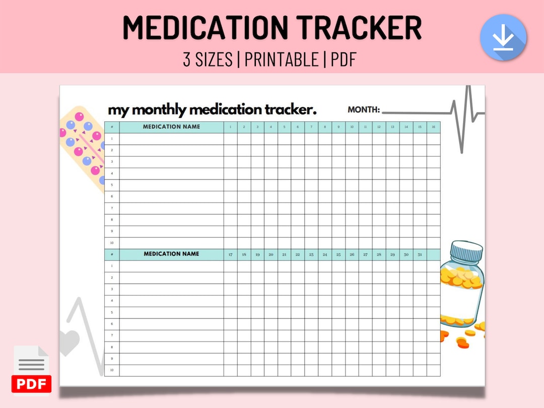 Monthly Medication Tracker for Medicines, Pills, Vitamins, Supplements ...