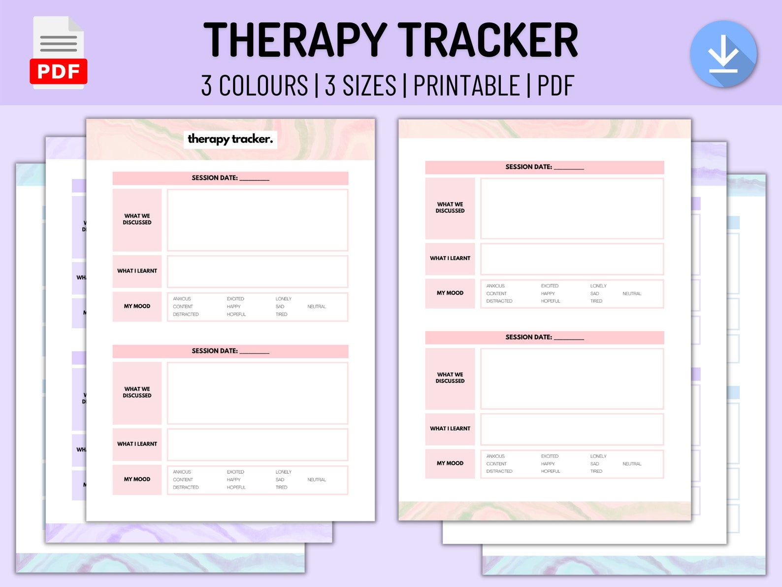 Therapy Tracker Printable in 3 Colours | PDF Download | 3 Sizes ...