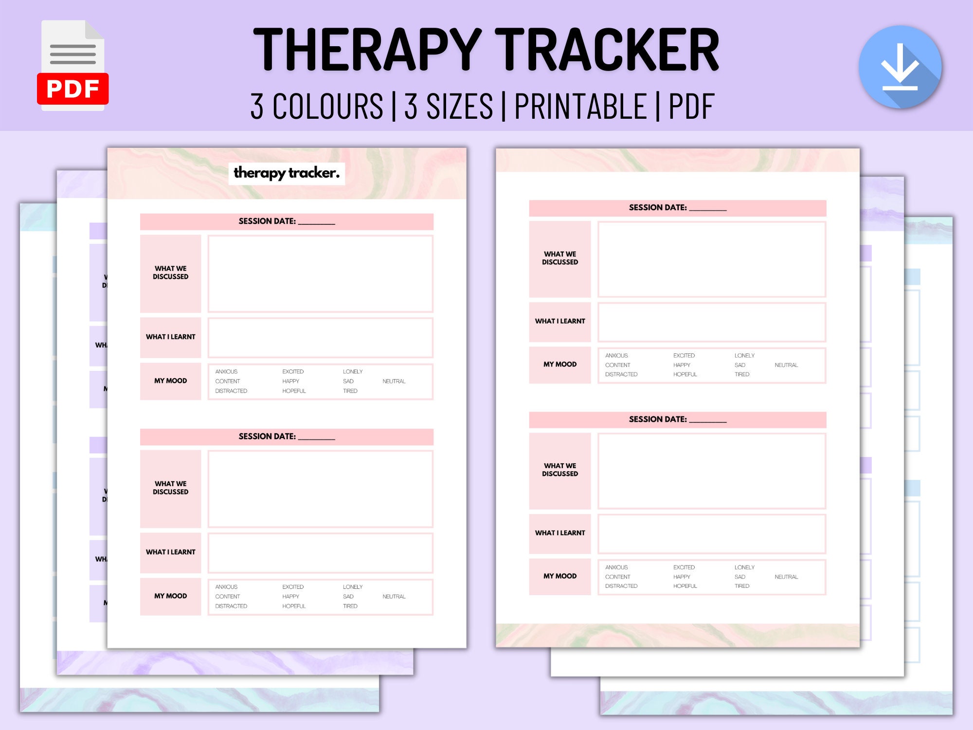 Therapy Tracker Printable in 3 Colours PDF Download 3 Sizes Therapy ...