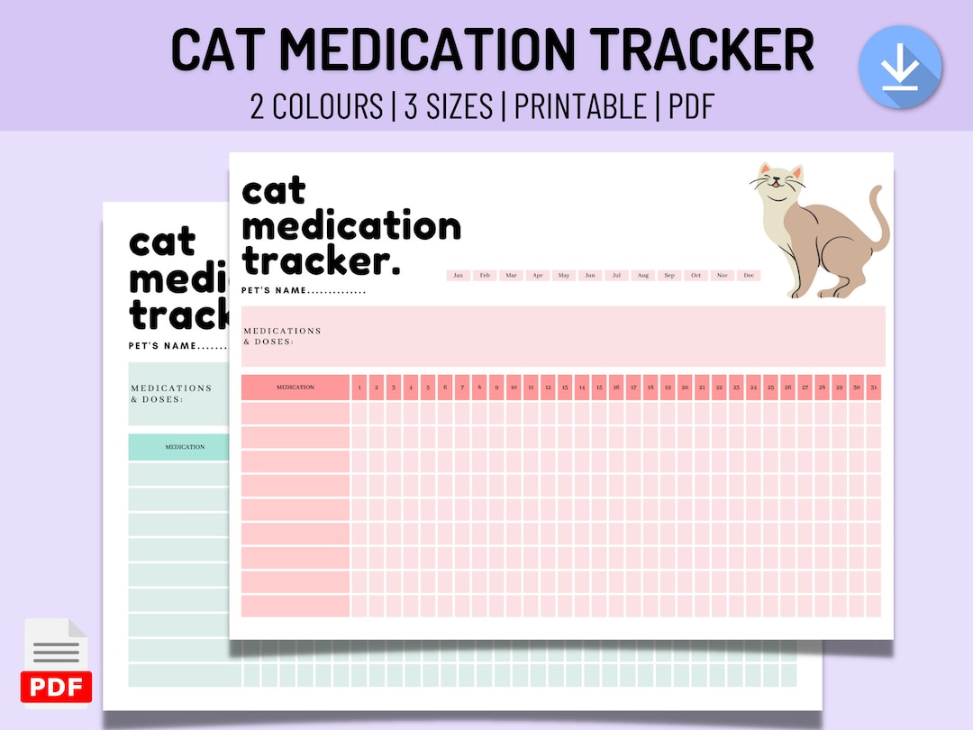 Pet Cat Medication Tracker Printable PDF Kitten Pill Organizer Medicine ...