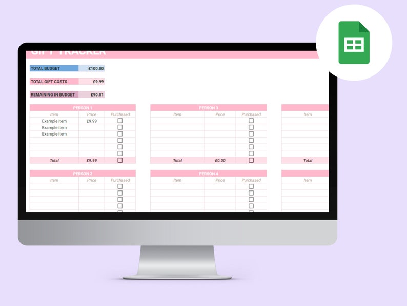 Gift Tracker Google Sheets Spreadsheet, Pink, Track Your Birthday and ...