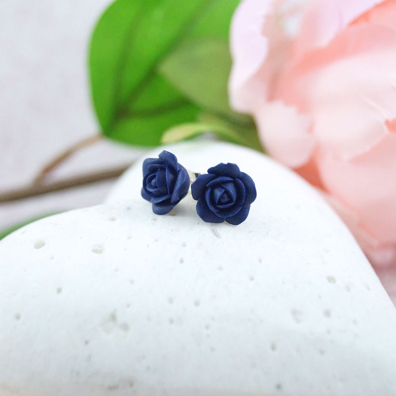 Dark Blue Flower Earrings, Blue Rose Earrings, Small Blue Stud Earrings ...