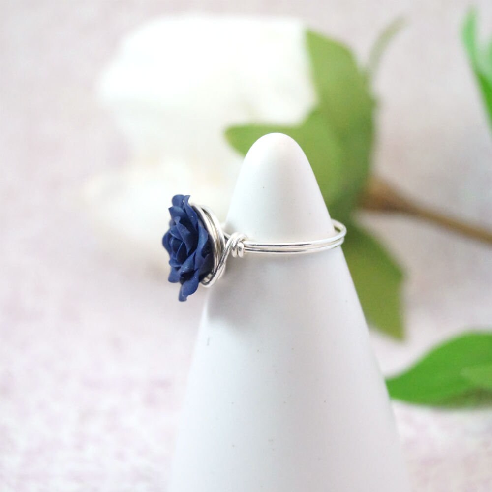 Sterling Silver Wire Wrapped Ring, Dark Blue Flower Ring, Gift for Her ...