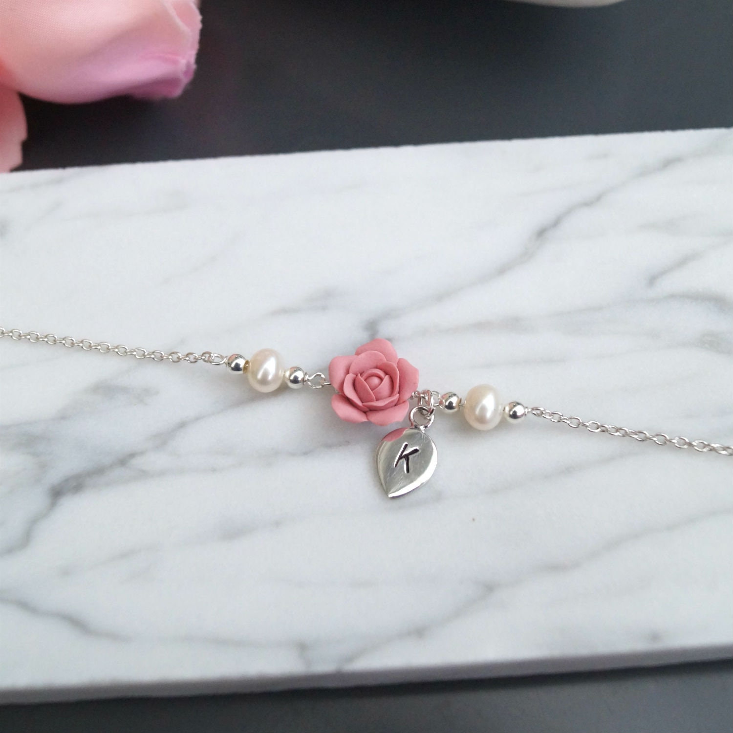 Pink Rose Bracelet Personalized Flower Girl Bracelet Wedding - Etsy