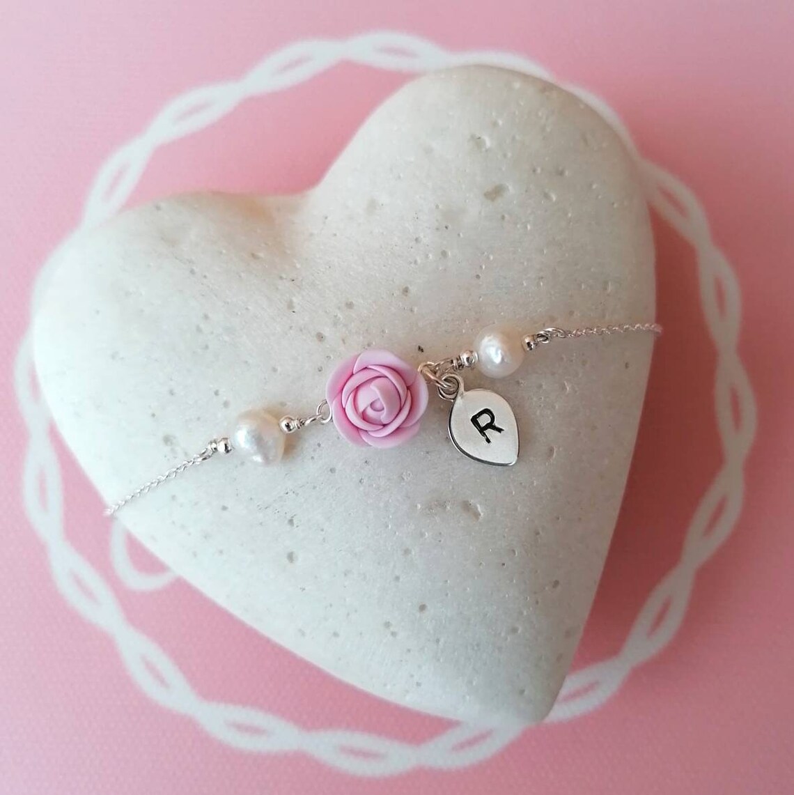 Light Pink Rose Flower Girl Bracelet Personalized Wedding - Etsy