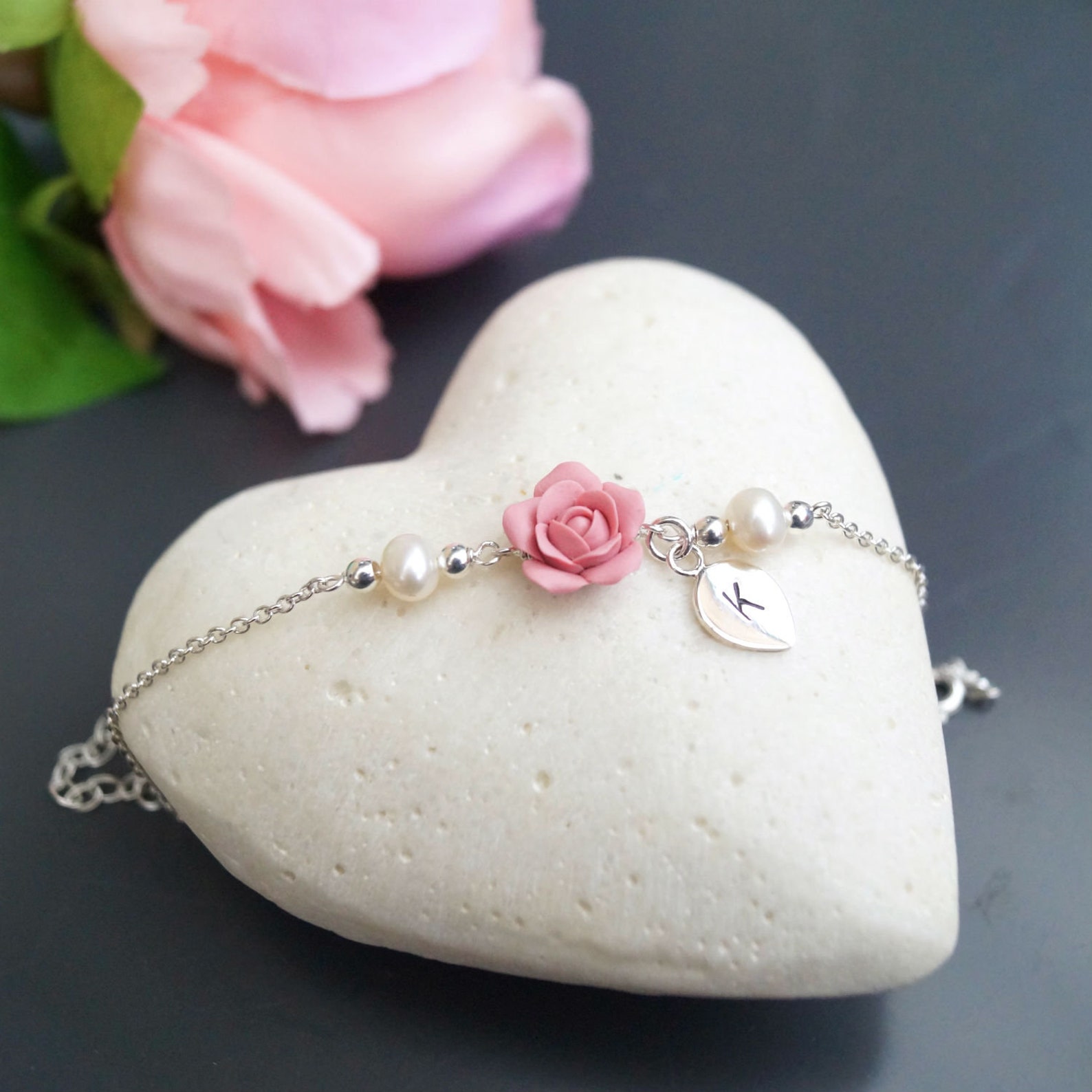 Pink Rose Bracelet Personalized Flower Girl Bracelet Wedding - Etsy