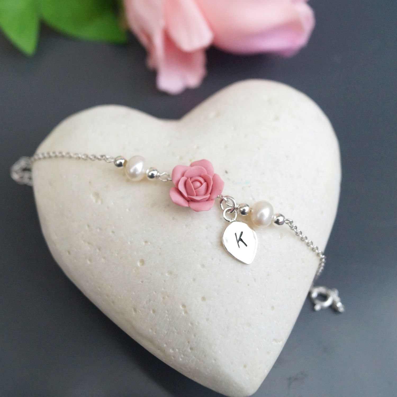 Pink Rose Bracelet Personalized Flower Girl Bracelet Wedding - Etsy