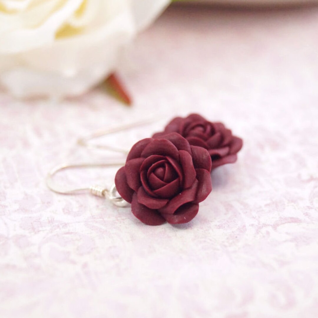 Dark Red Rose Flower Earrings Red Rose Earrings Dangle - Etsy