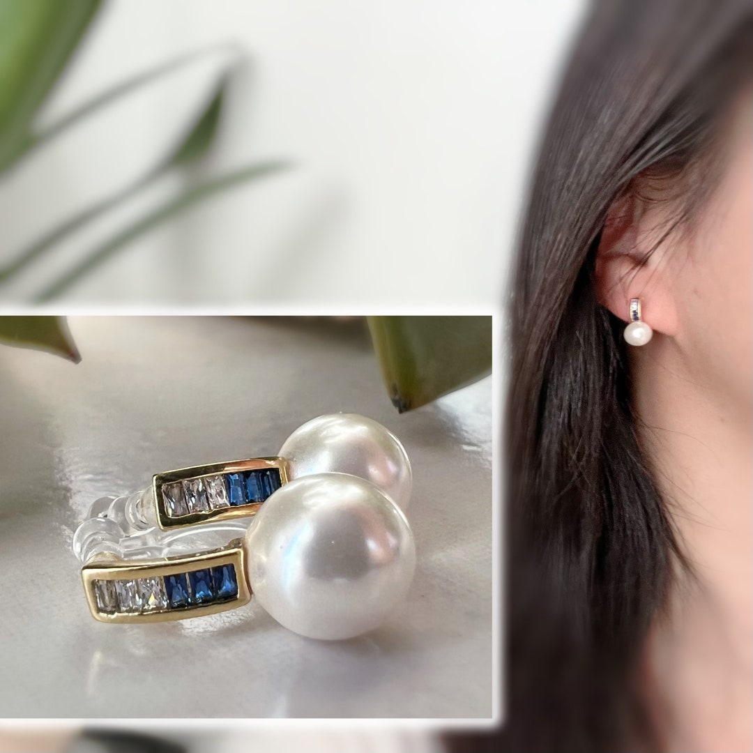 Invisible CLIPS Earrings Gold Bar Mini Transparent Navy Blue Rectangle ...