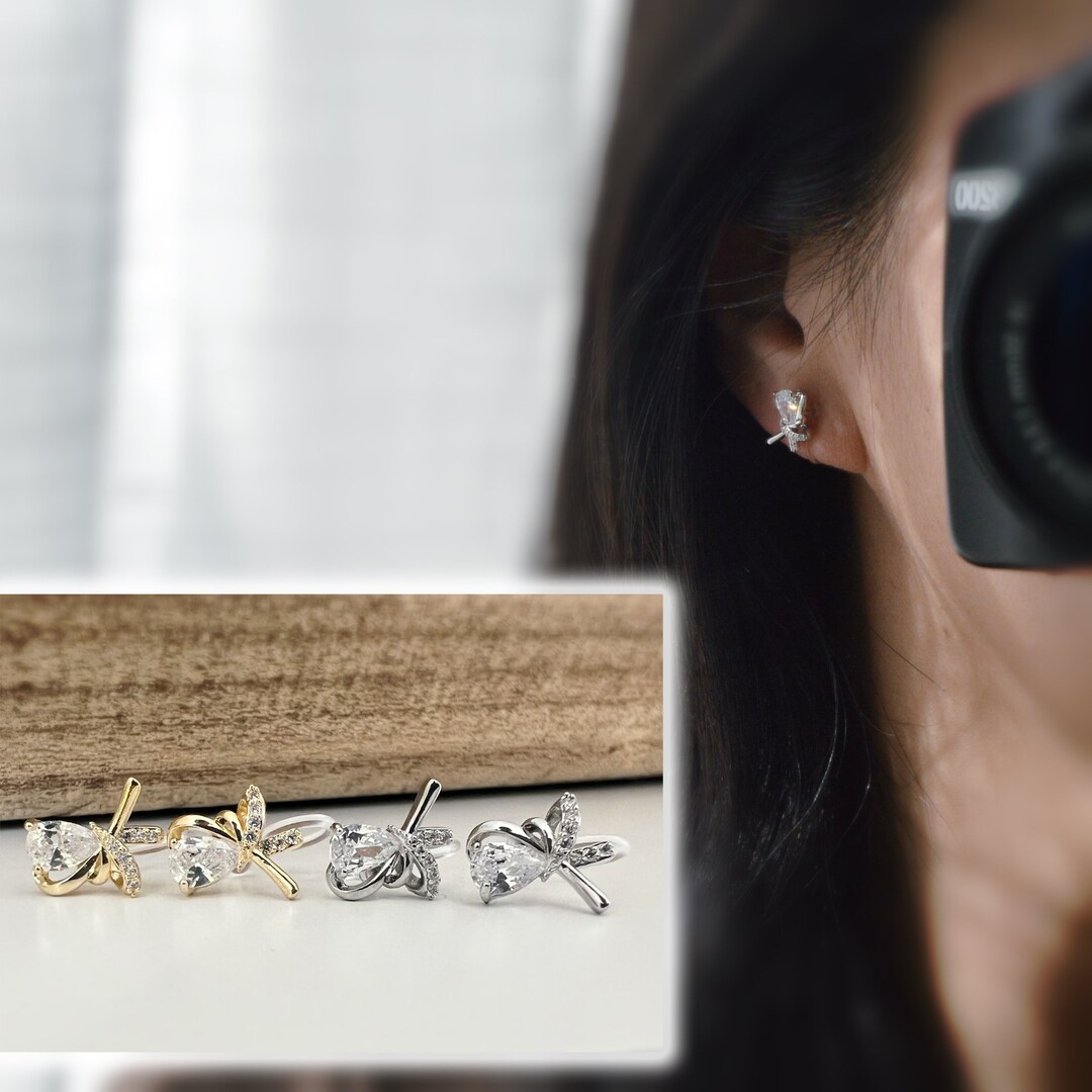 Invisible Ear Clips Bow Tie Mini Transparent Water Drop Zircon Stone ...