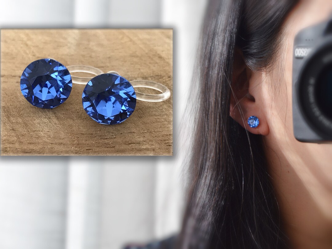 Invisible CLIPS Earrings Round Crystal SAPPHIR Purecristal Crystals ...
