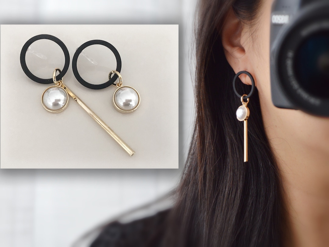 Invisible Asymmetrical CLIPS Earrings, Large Black Circle, Long Gold ...