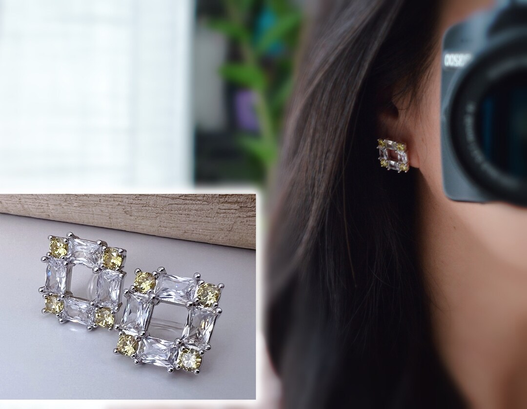 Invisible Ear Clips Carré Mini Round Yellow Zircon Stone Transparent ...