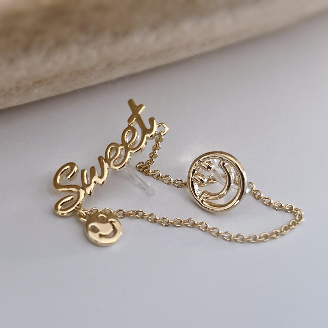 Sweet Smiley Asymmetrical Ear Clips, Comfortable Gold Colour Chain ...