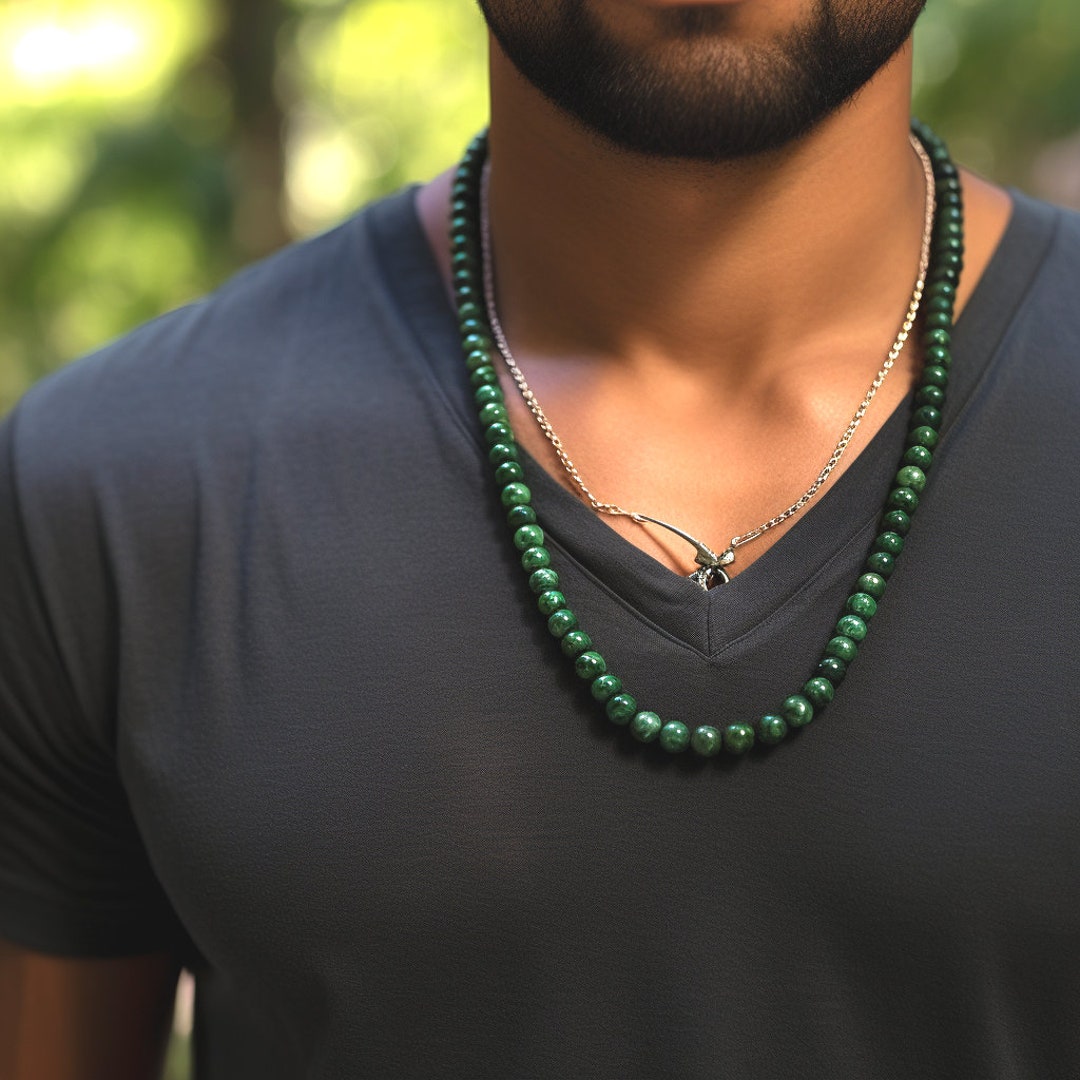 Dark Green Jade Necklace, Men's Necklace, Beaded Necklace Men, Nephrite ...