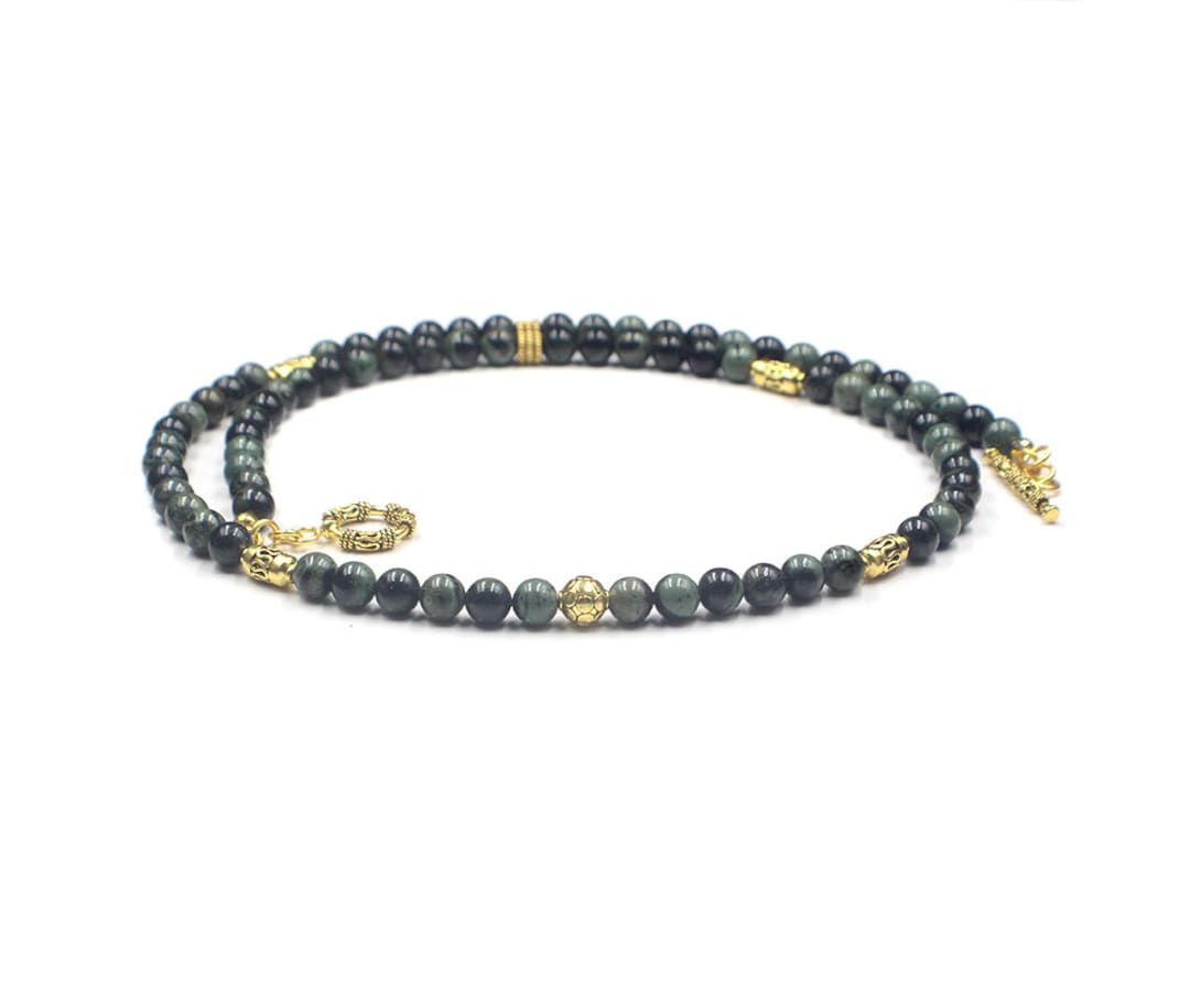 Dark Green Jade and Gold Necklace, Men's Necklace, Beaded Necklace Men ...