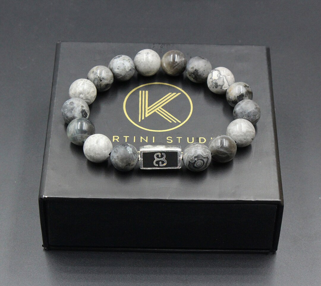 Men's Bracelet, Mixed Grey Stone Bracelet for Men, Grey Jasper and ...