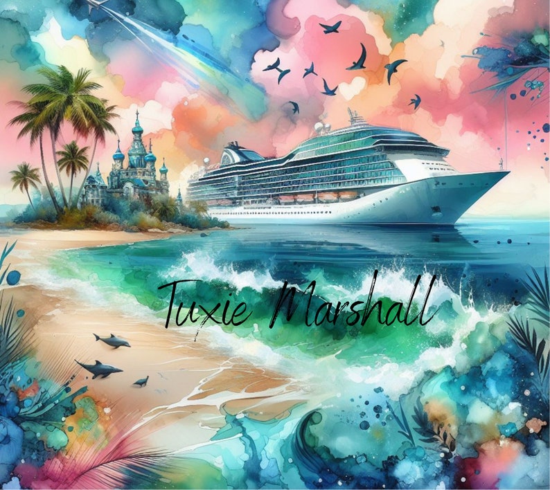 Caribbean Cruise Ship Tumbler Wrap: Pastel Watercolor Ocean Scene ...