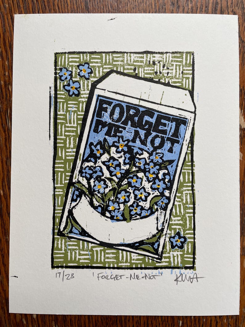 Forget Me Not Seed Packet Wood Block Print:limited Edition Hand Carved ...
