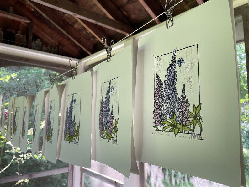 Lupine & Butterfly Woodblock Print: Hand-carved Botanical Art - Etsy