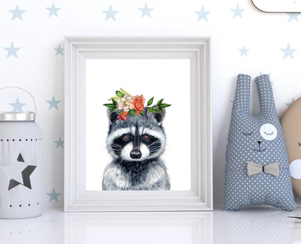 Raccon Print, Raccoon With Flower Crown, Nursery Decor, Woodland ...