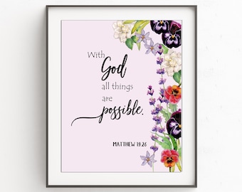 Christian Wall Art Bible Scripture Poster With God All Things Are Possible Art Print Matthew 19: ...