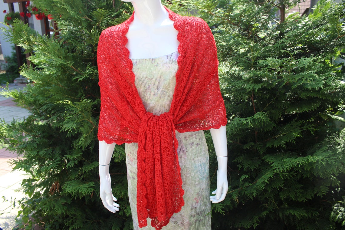 Red Scarf Knitted Shawl Bridal Shawl White Shawl Bridal - Etsy