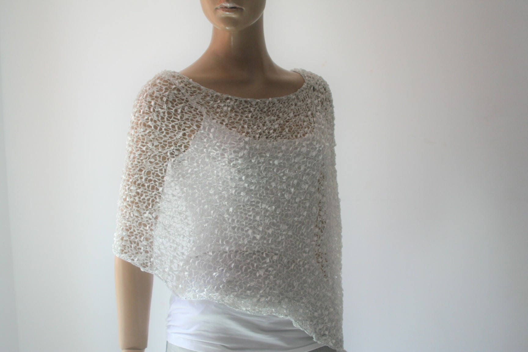 White Poncho, Silver Poncho, Boho Poncho Women, Summer Knit Poncho ...