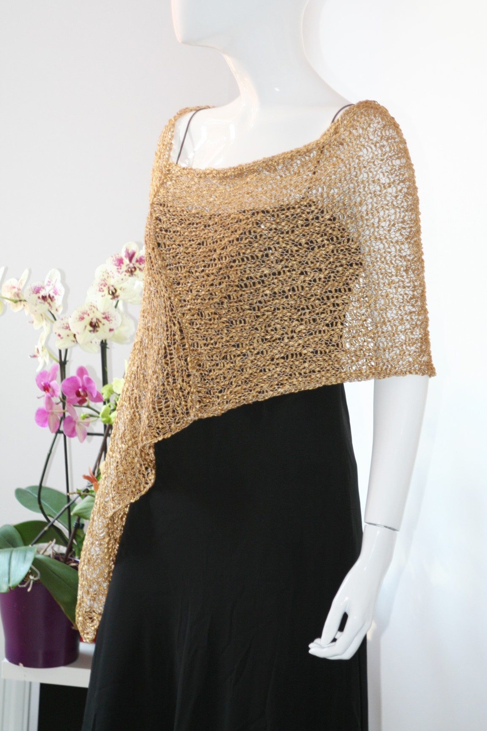 Gold Shrug, Gold Shawl, Wedding Shrug, Knit Poncho, Gold Poncho, Bridal ...