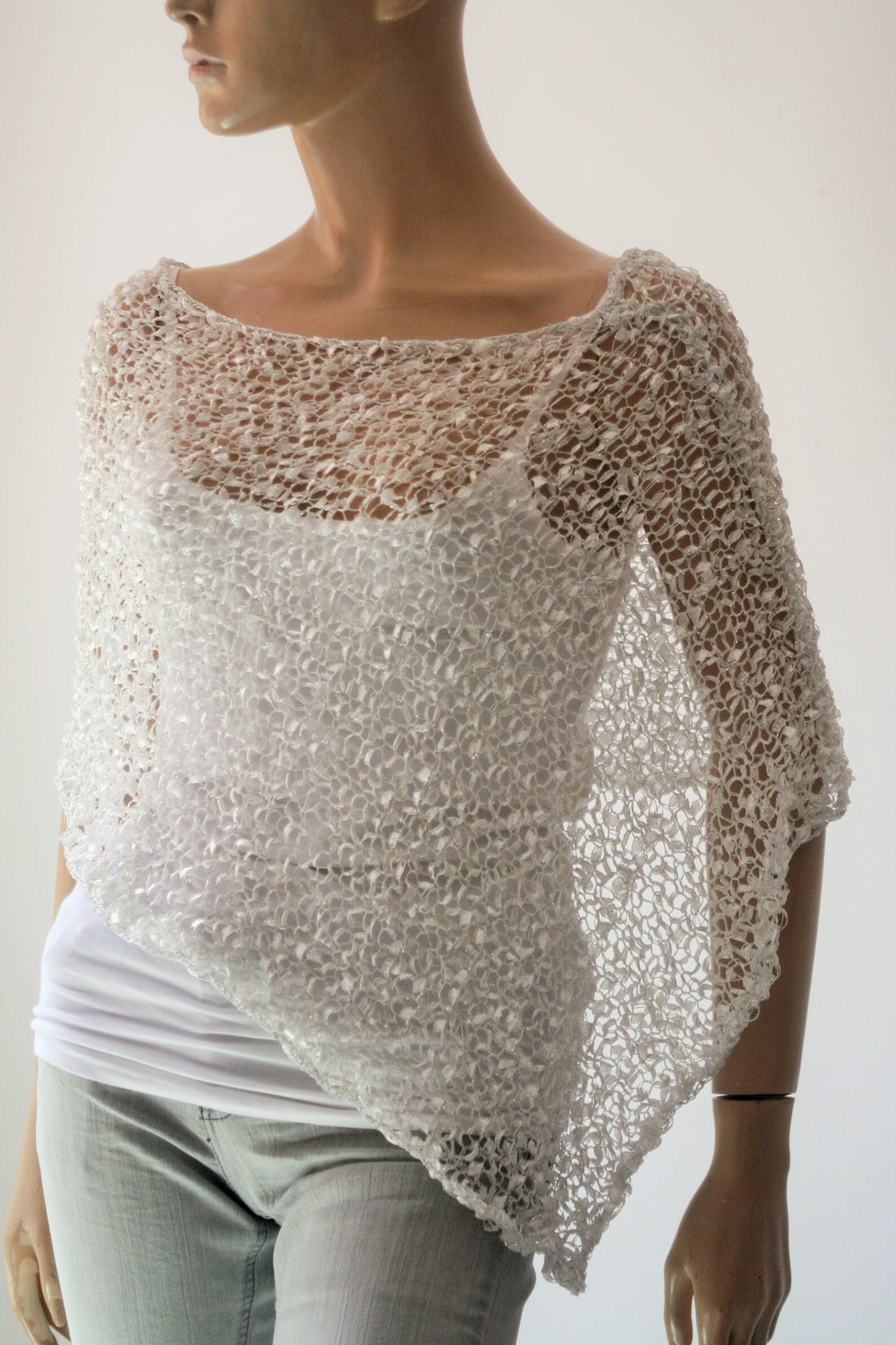White Poncho, Silver Poncho, Boho Poncho Women, Summer Knit Poncho ...