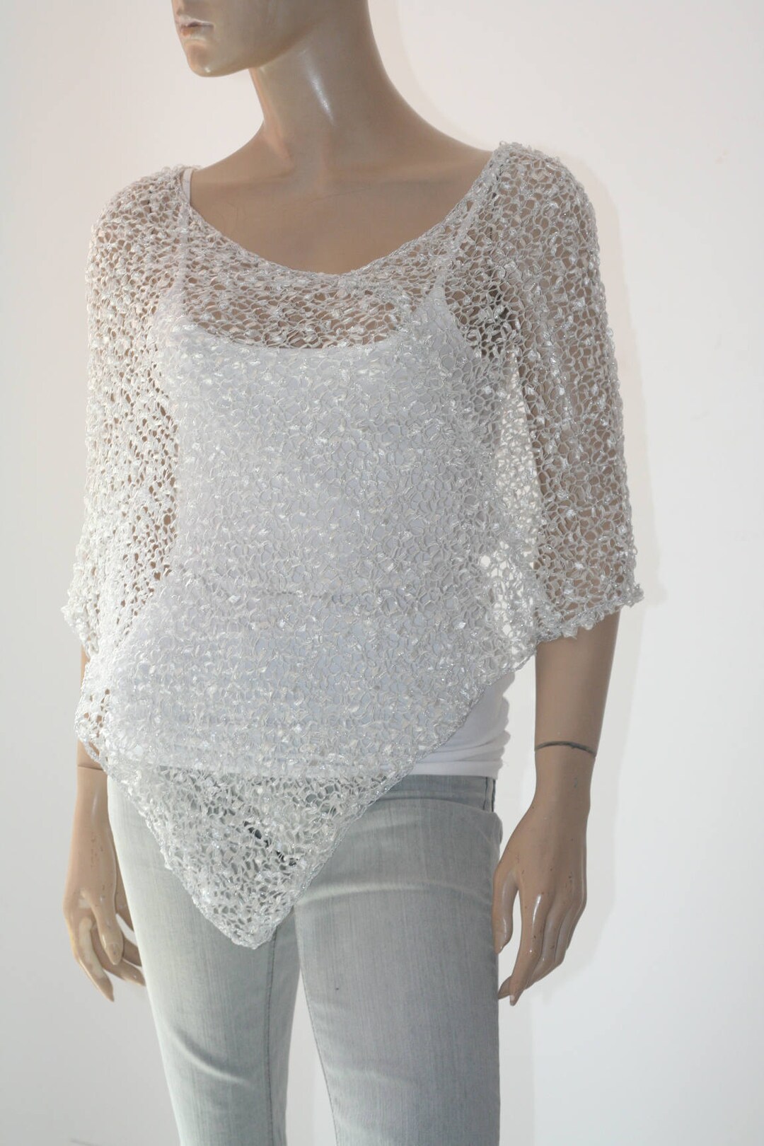 White Poncho, Silver Poncho, Boho Poncho Women, Summer Knit Poncho ...