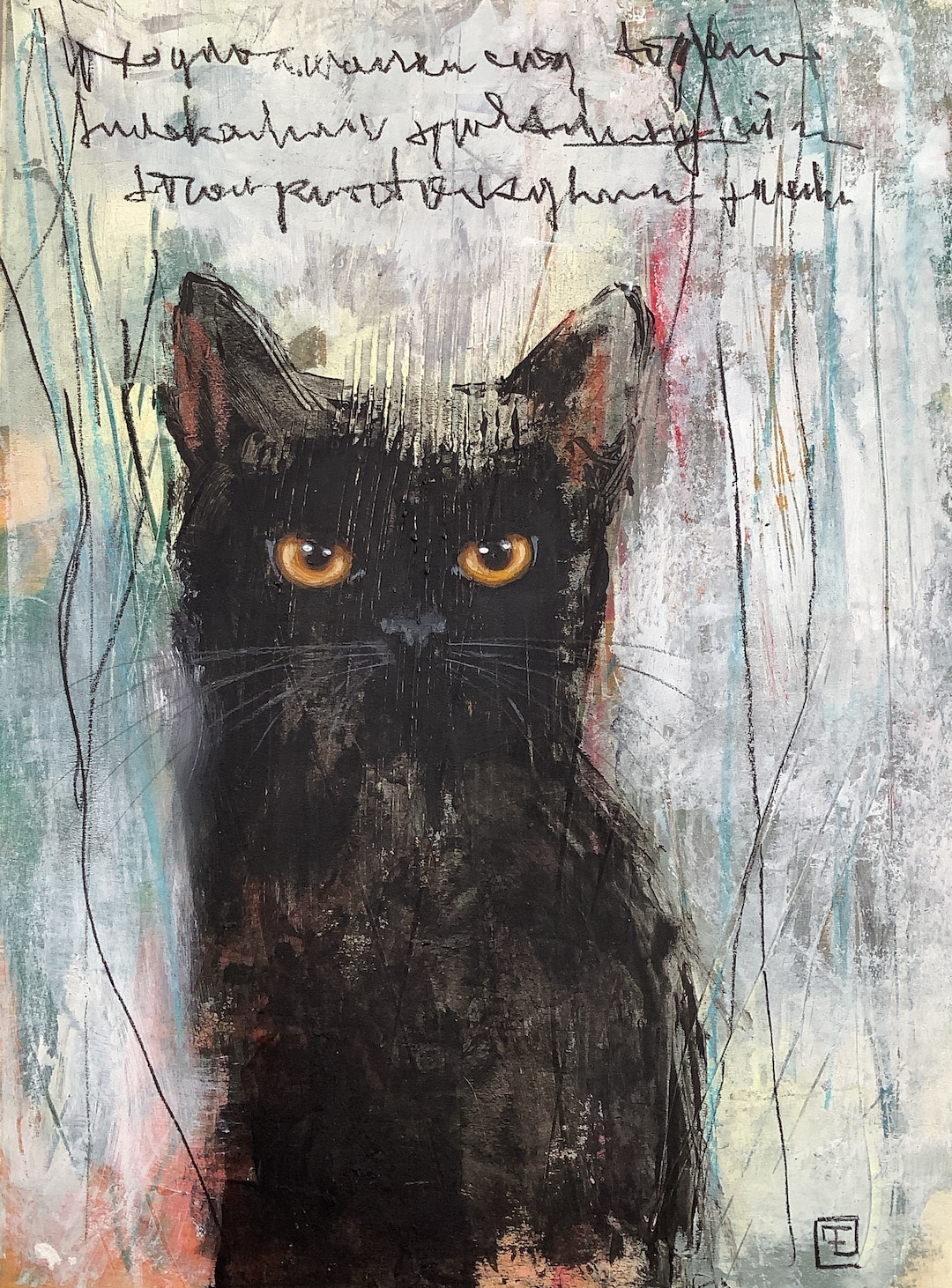 Banshee, Abstract Black Cat, Original Acrylic Painting on Wood Panel ...