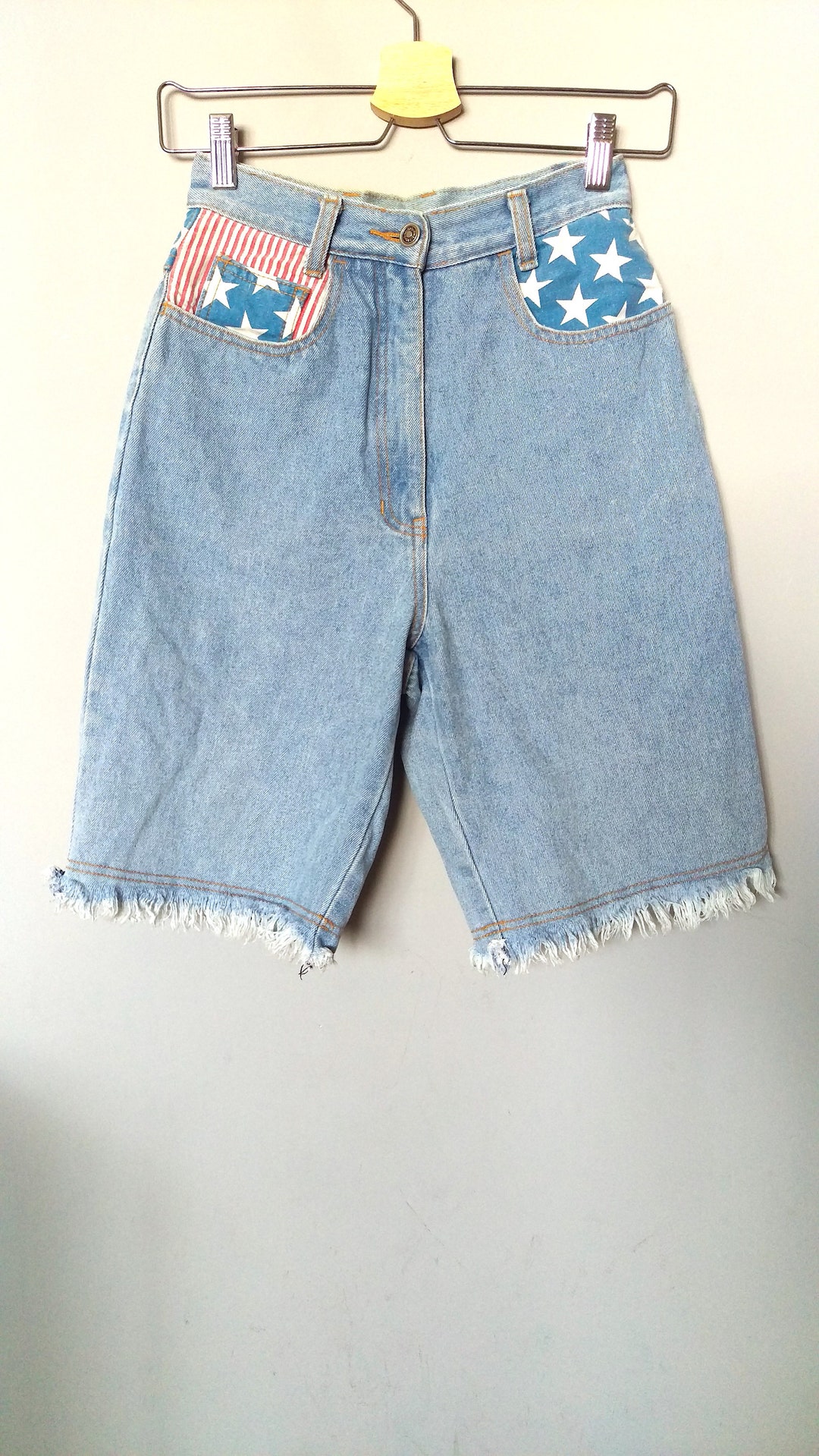 Vintage 80's,90's High-waisted Light Wash Print Denim Shorts/american ...
