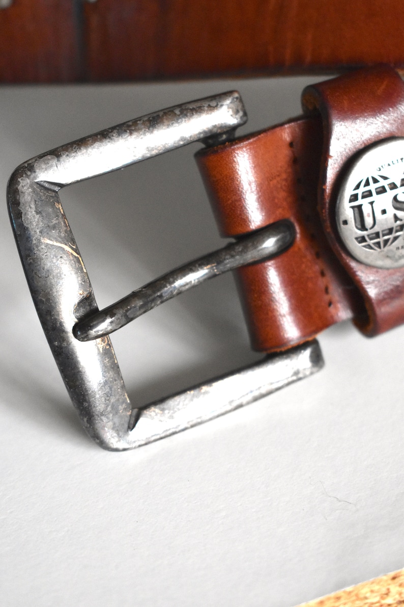 Vintage 90's Chunky Whiskey Brown Leather Belt/ Silver Buckle Belt ...